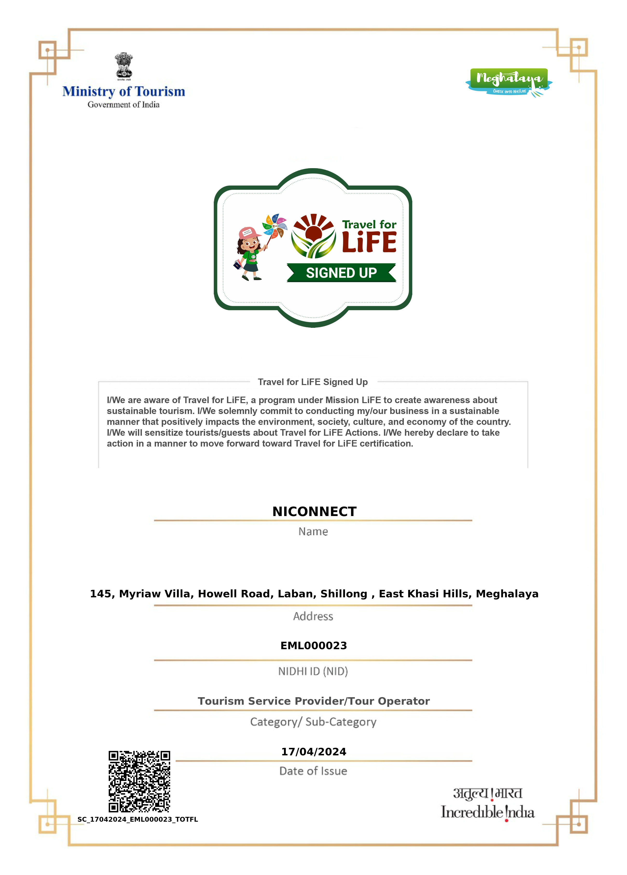 Travel For Life Certificate